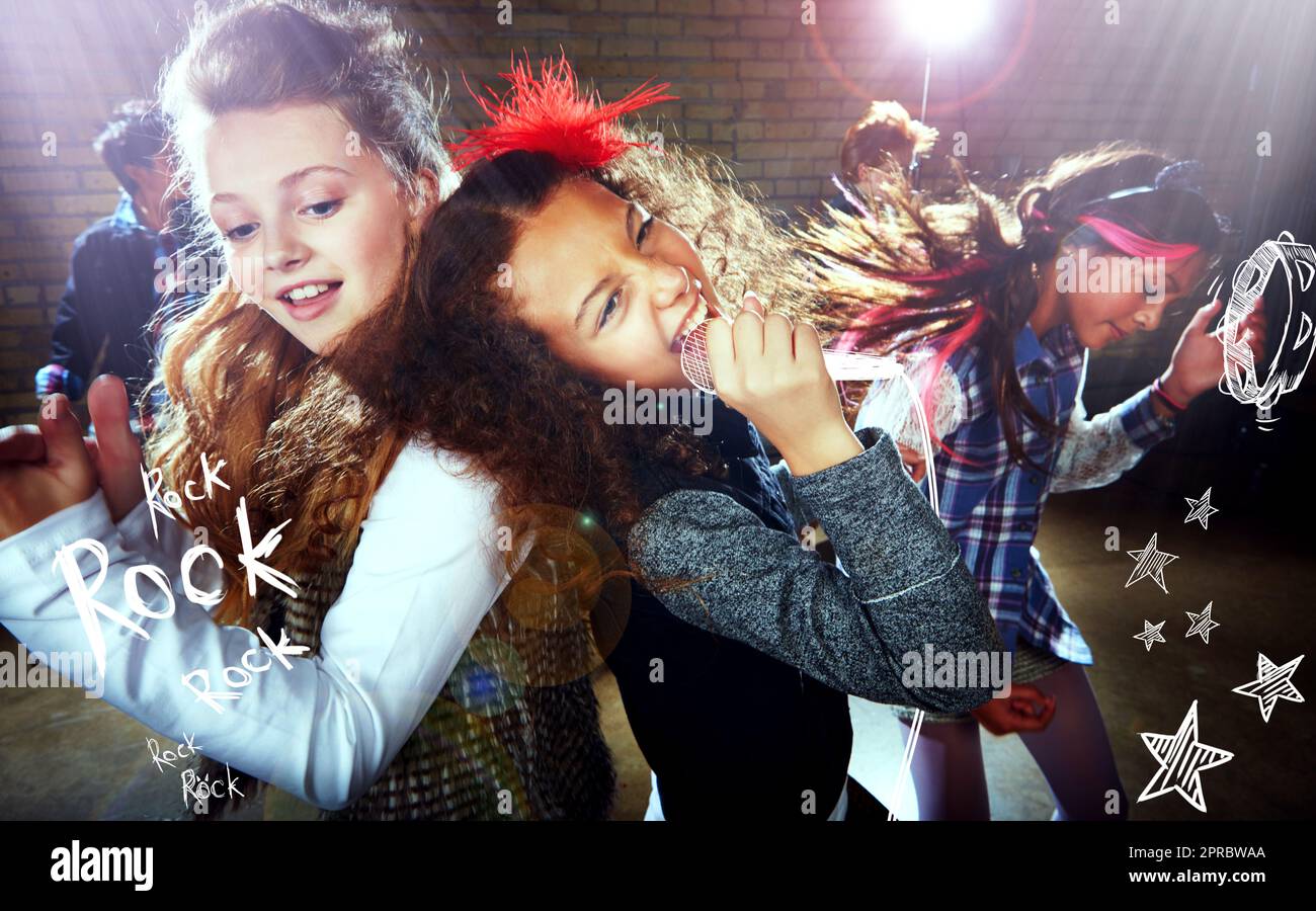 Keep rocking. children singing and playing rock music on imaginary ...