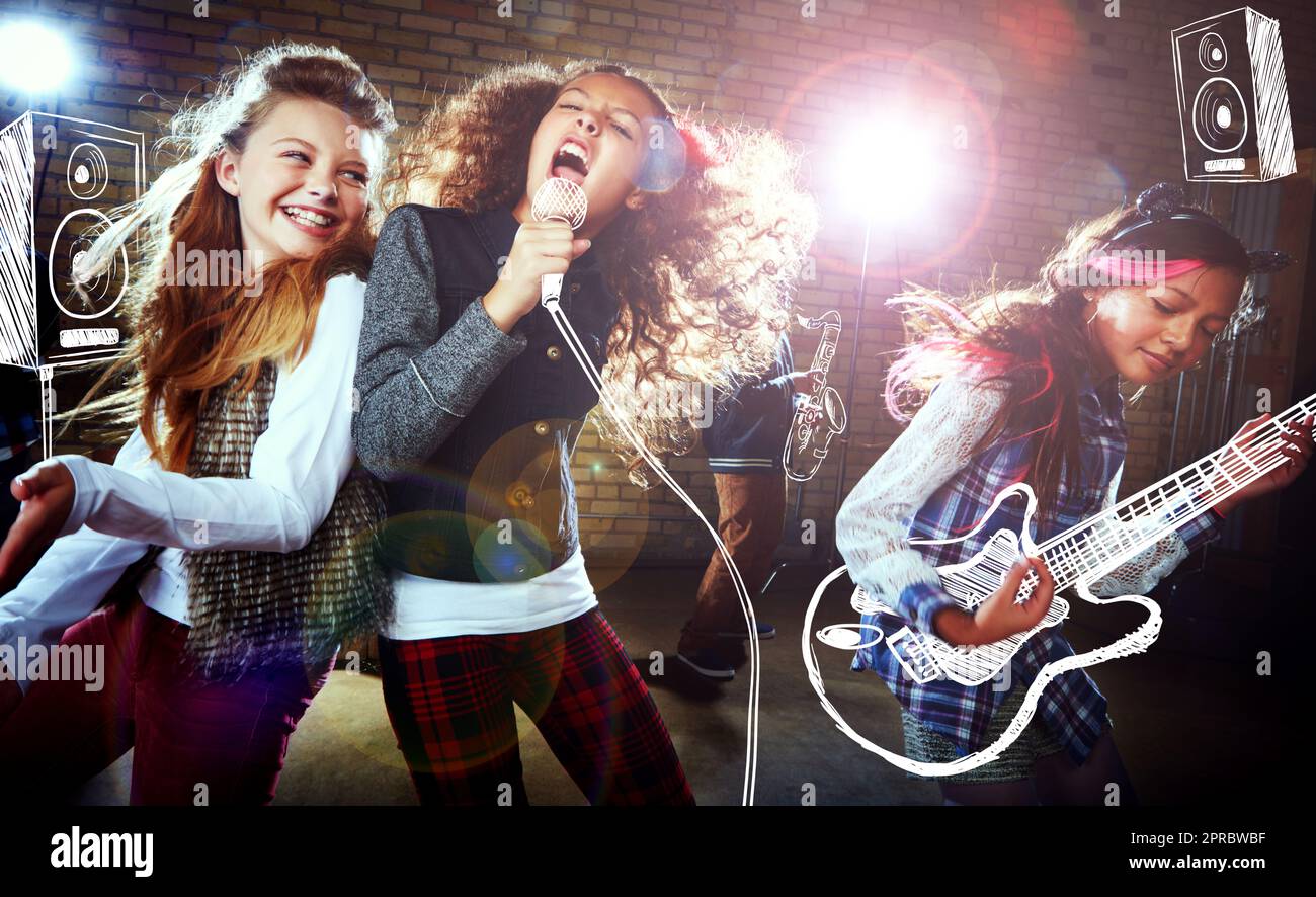 Born to be wild. children singing and playing rock music on imaginary ...