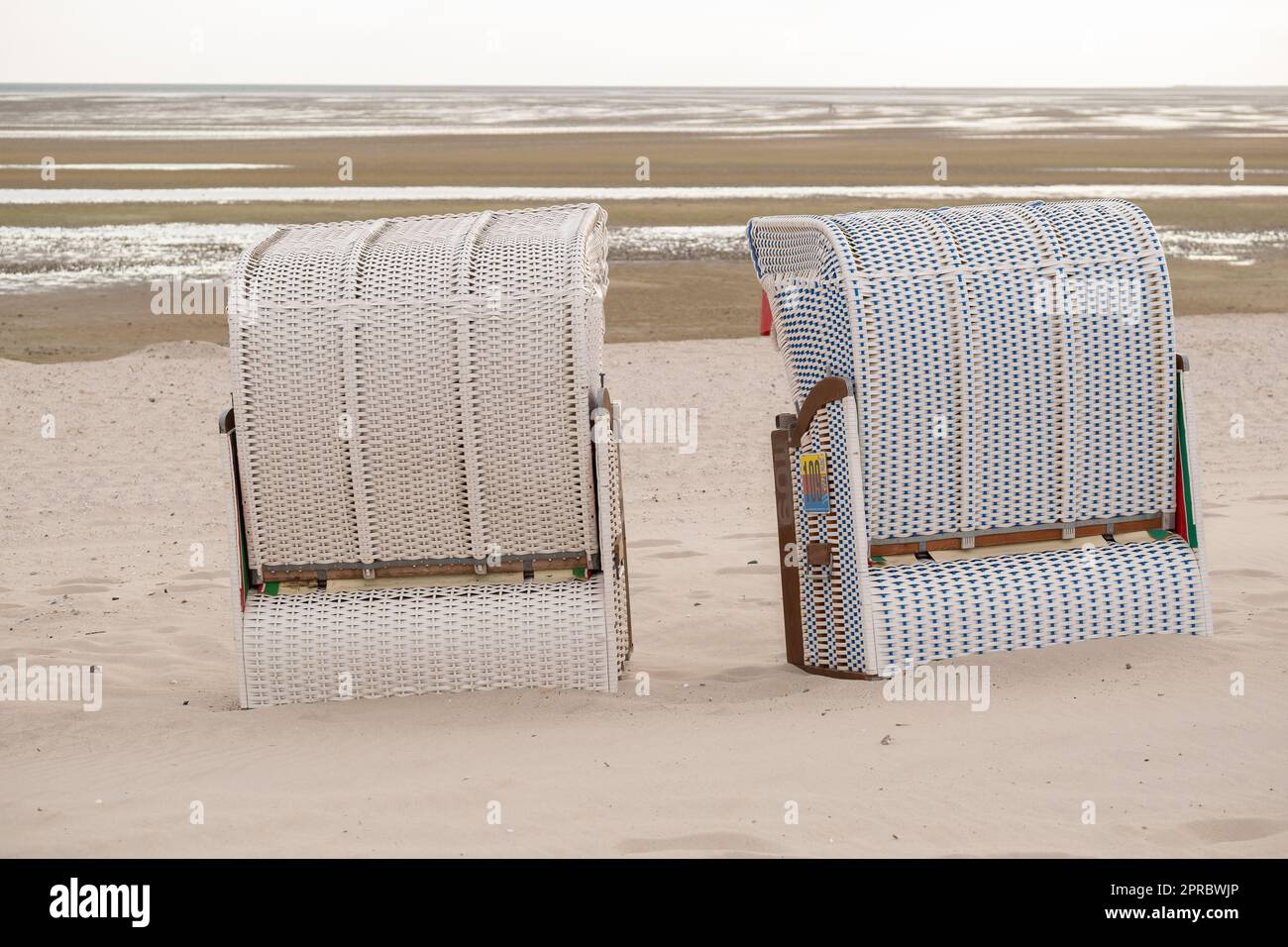 Beach box on the Wadden Sea. wicker boxes set on white sand.Fer Island ...