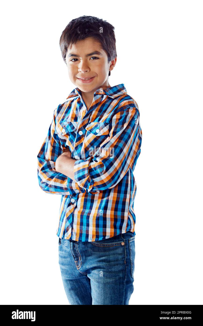 Hes a cool dude. Studio portrait of a young boy posing against a white ...