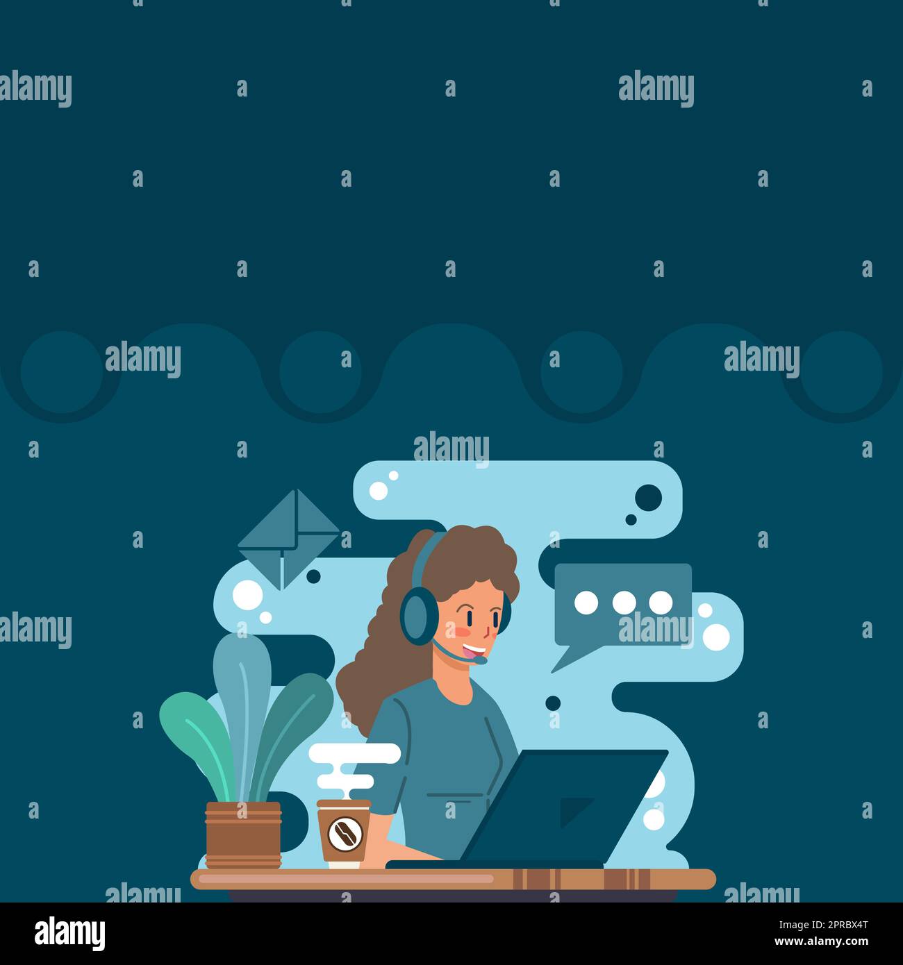 Lady Call Center Illustration With Headphones And Computer Speech ...