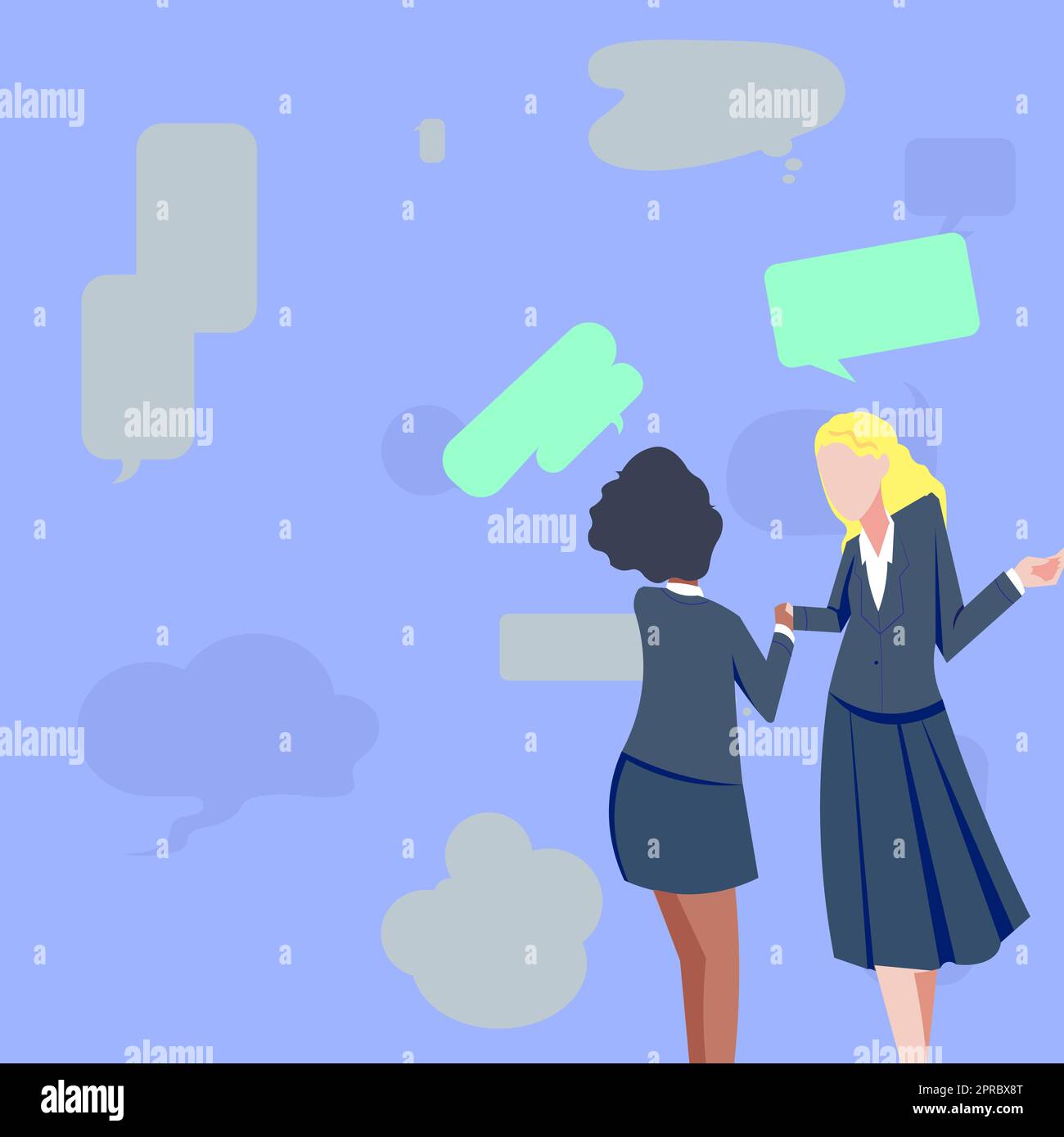 Two Colleagues Standing Sharing Thoughts Together With Speech Bubbles ...