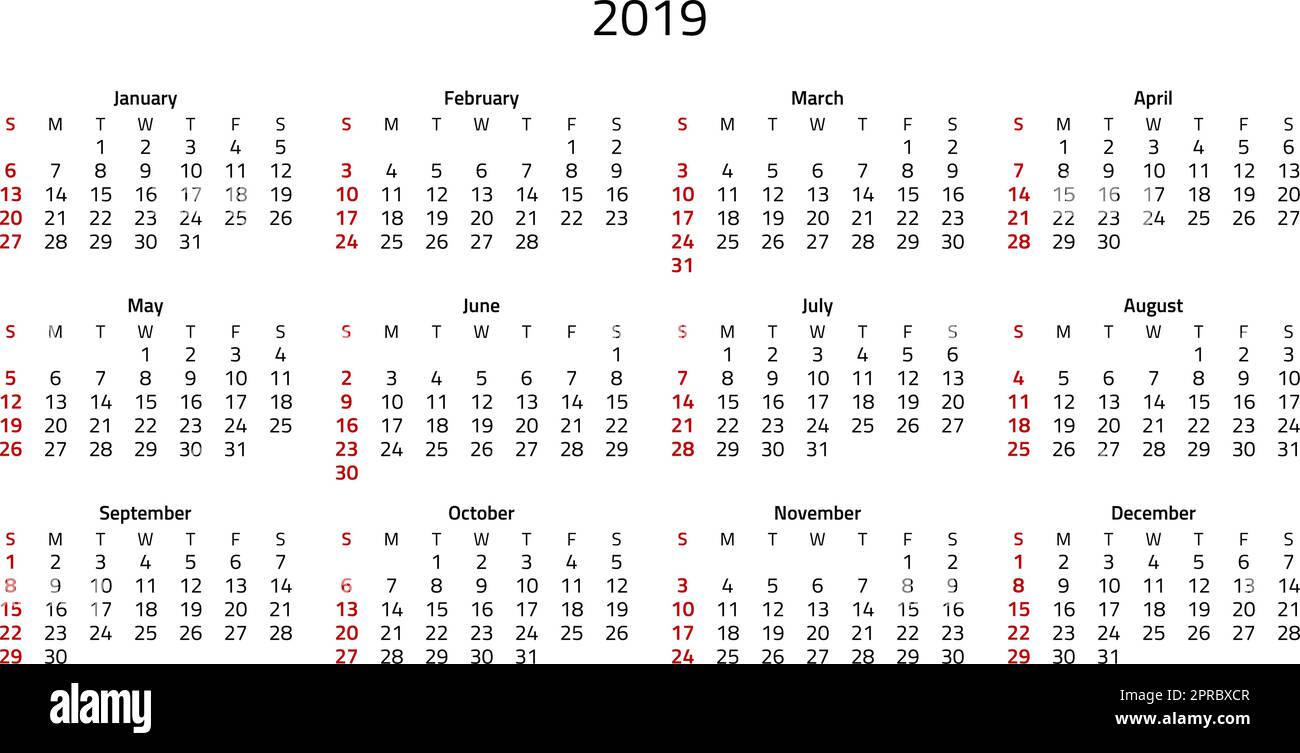 Simple 2019 calendar, week starts on Sunday that is highlighted in red ...