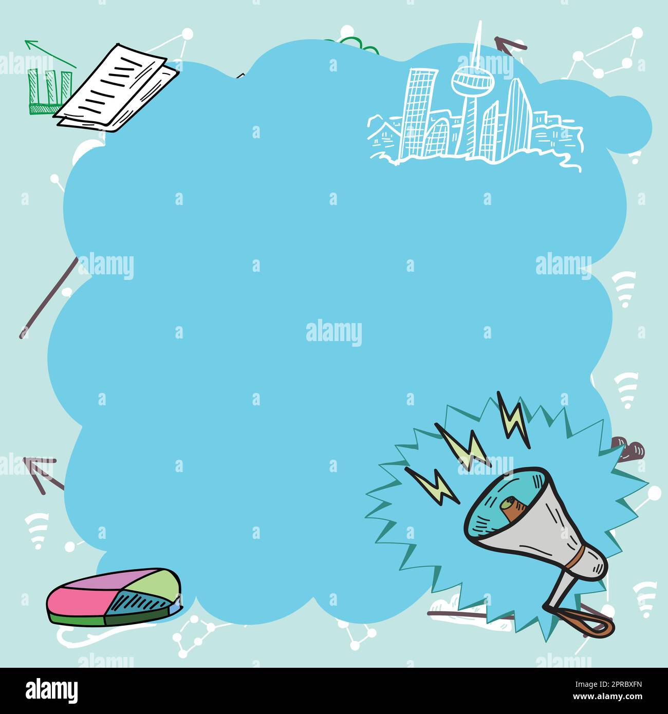 Important Messages Presented In Frame With Megaphone, Chart And Skyline ...