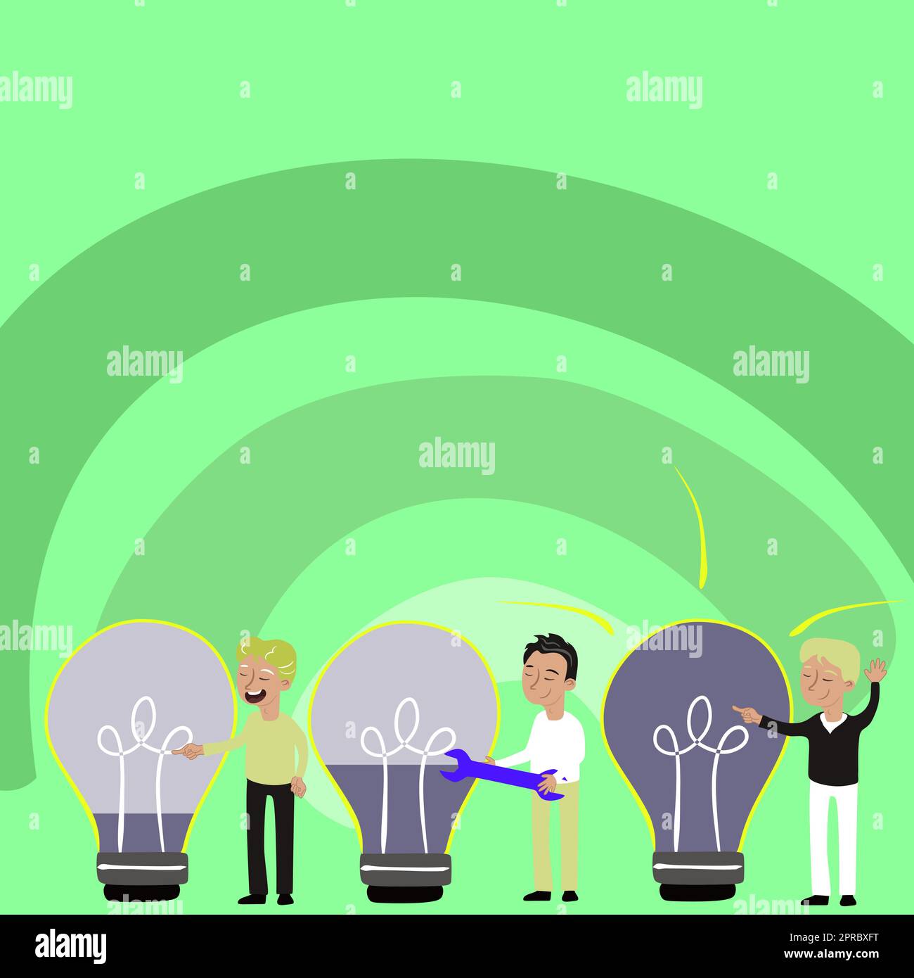 Three Person Fixing Electric Bulbs With Wrenches. Leader Pointing At ...