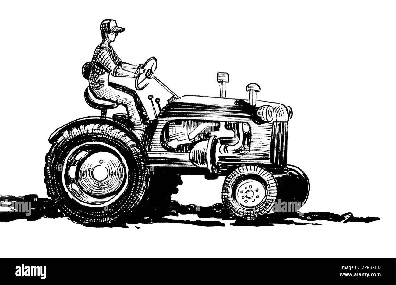 Farmer driving vintage tractor. Hand-drawn ink on paper retro styled ...