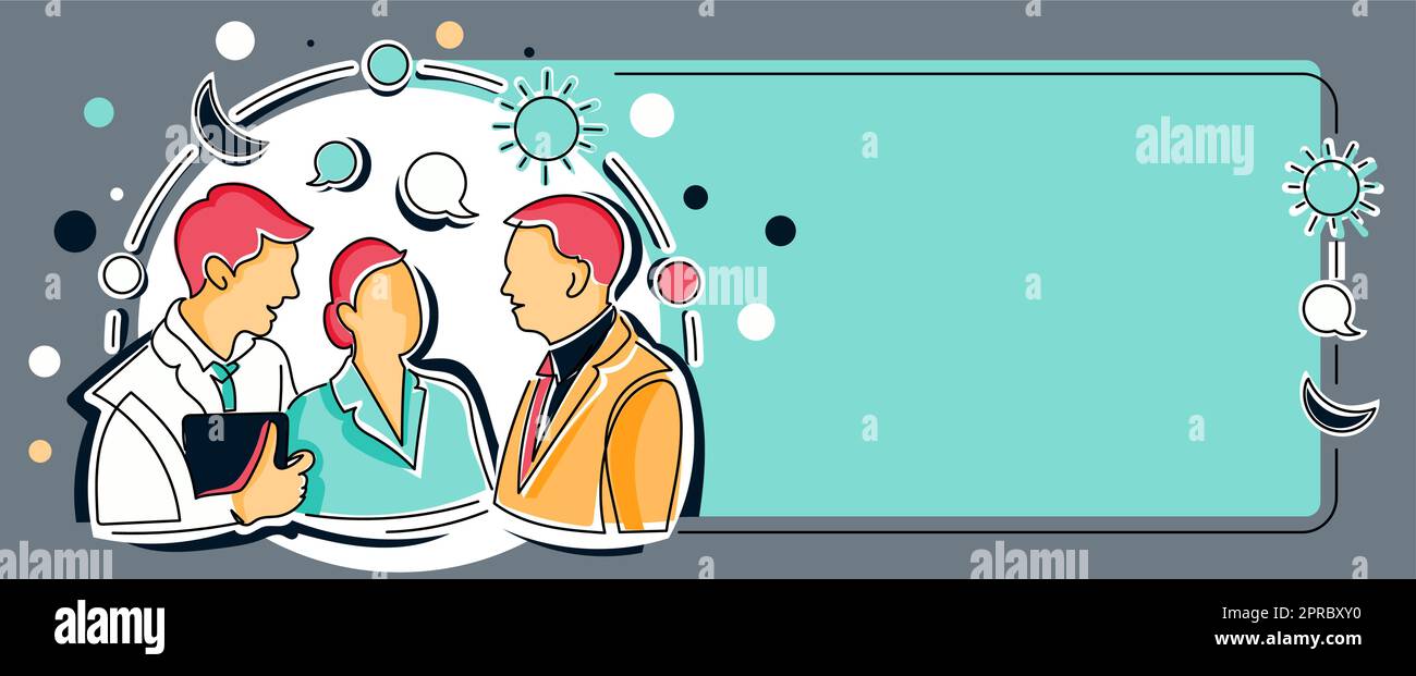 Three Colleagues Standing Sharing Thoughts Together With Speech Bubbles ...