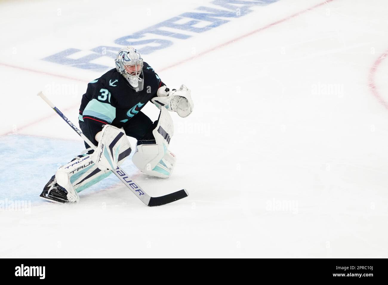Seattle Kraken goaltender Philipp Grubauer looks on against the ...