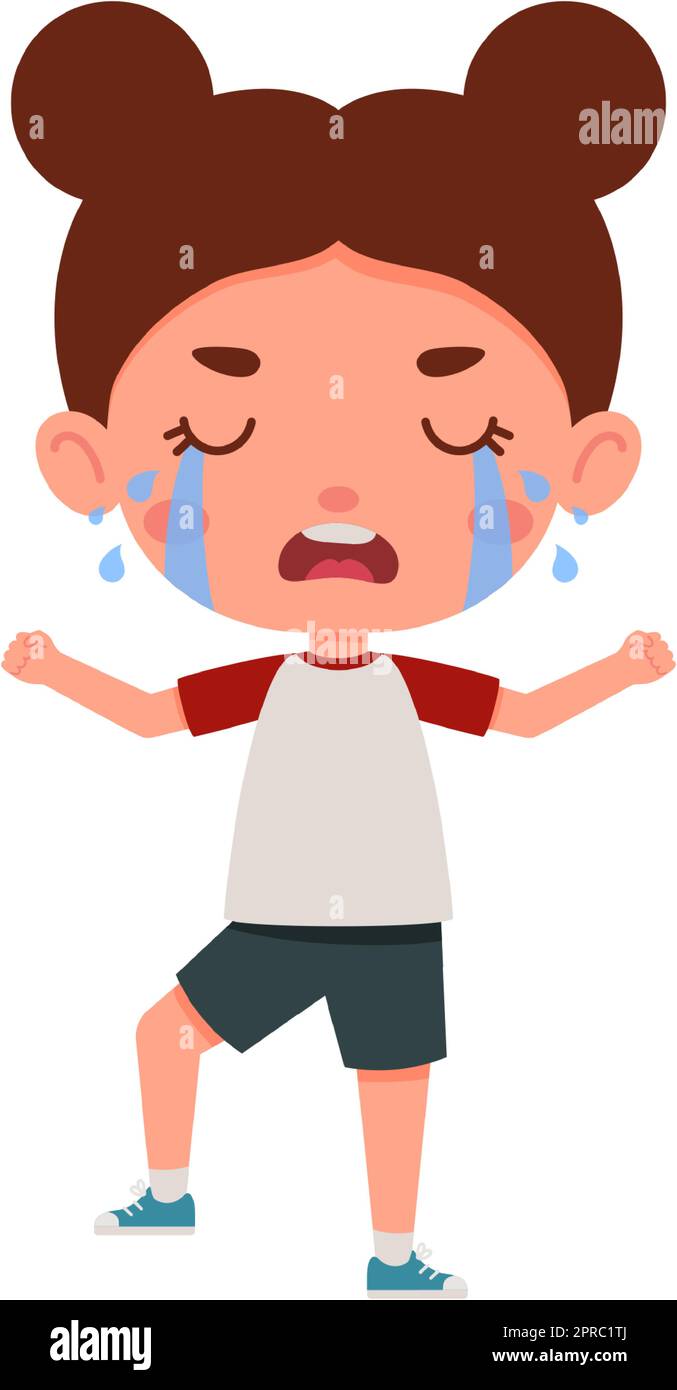 Cute little kid girl cry. Cartoon schoolgirl character show facial ...