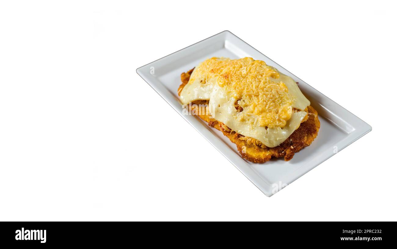Green plantain patacon with shredded chicken and cheese - Colombian ...