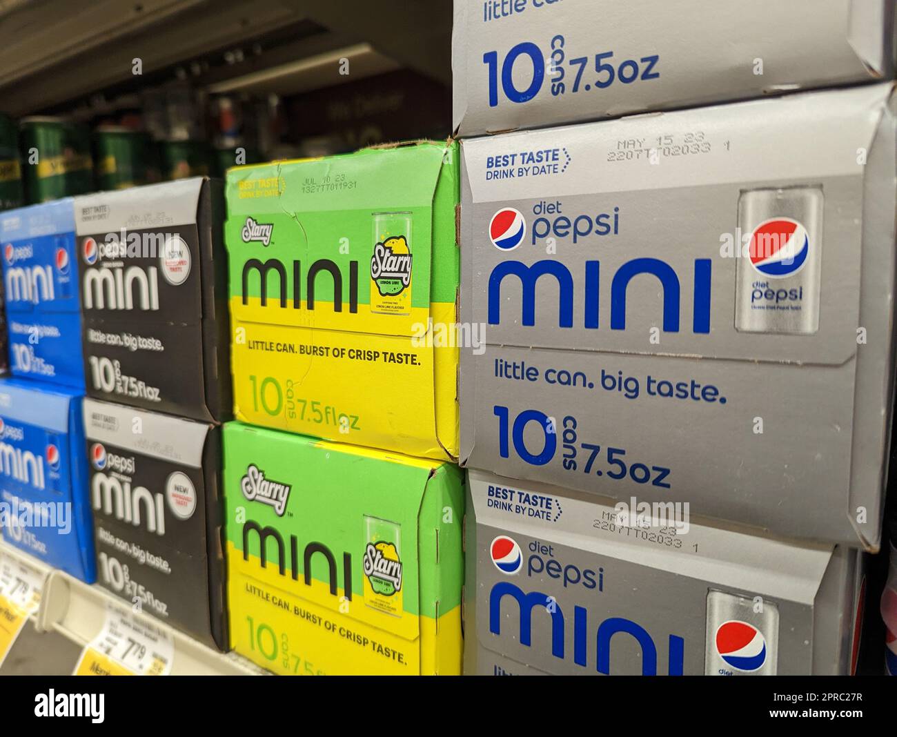 Display of boxes of mini Pepsi in a grocery store Stock Photo - Alamy