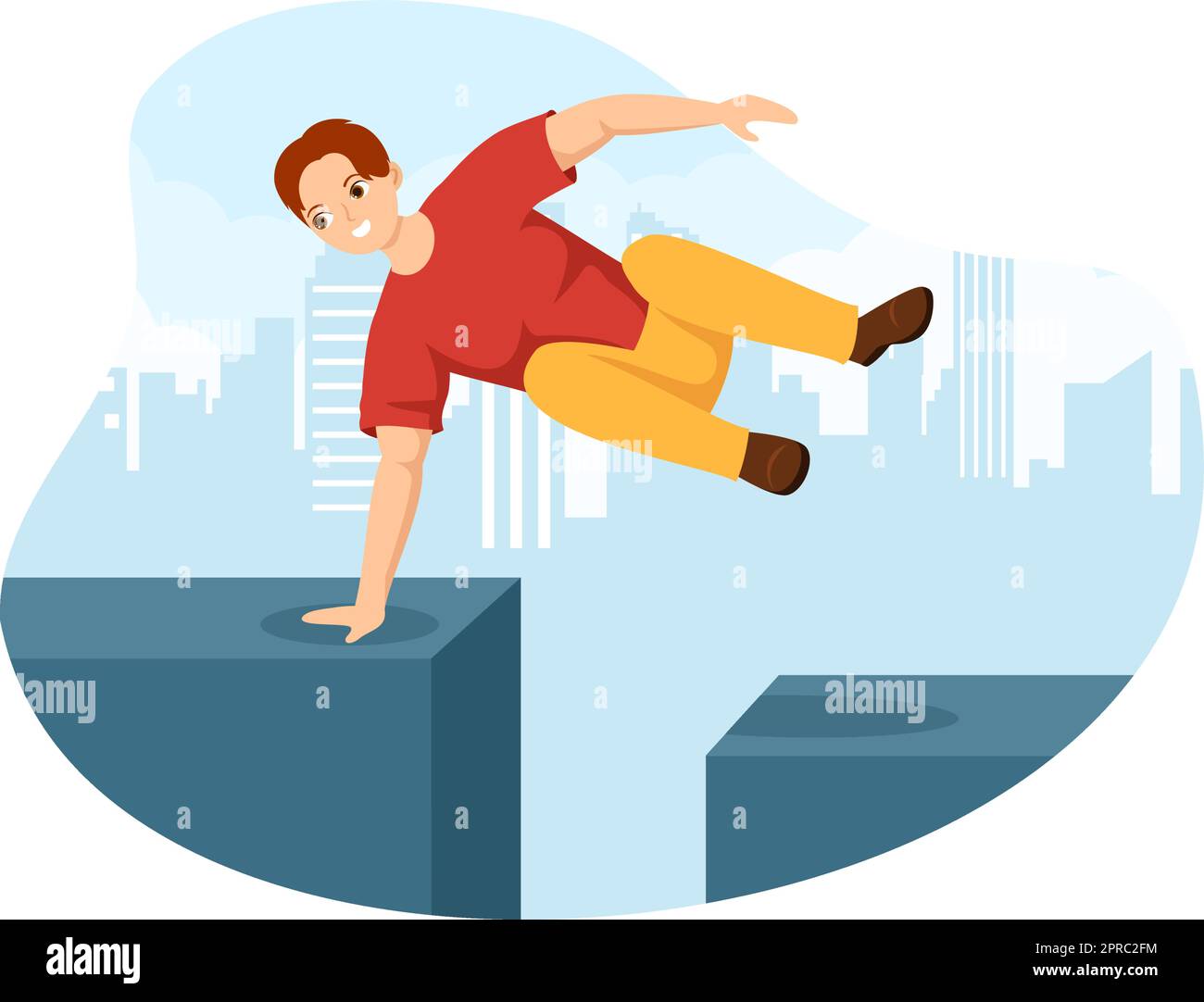 Parkour Sports with Young Men Jumping Over Walls and Barriers in City ...