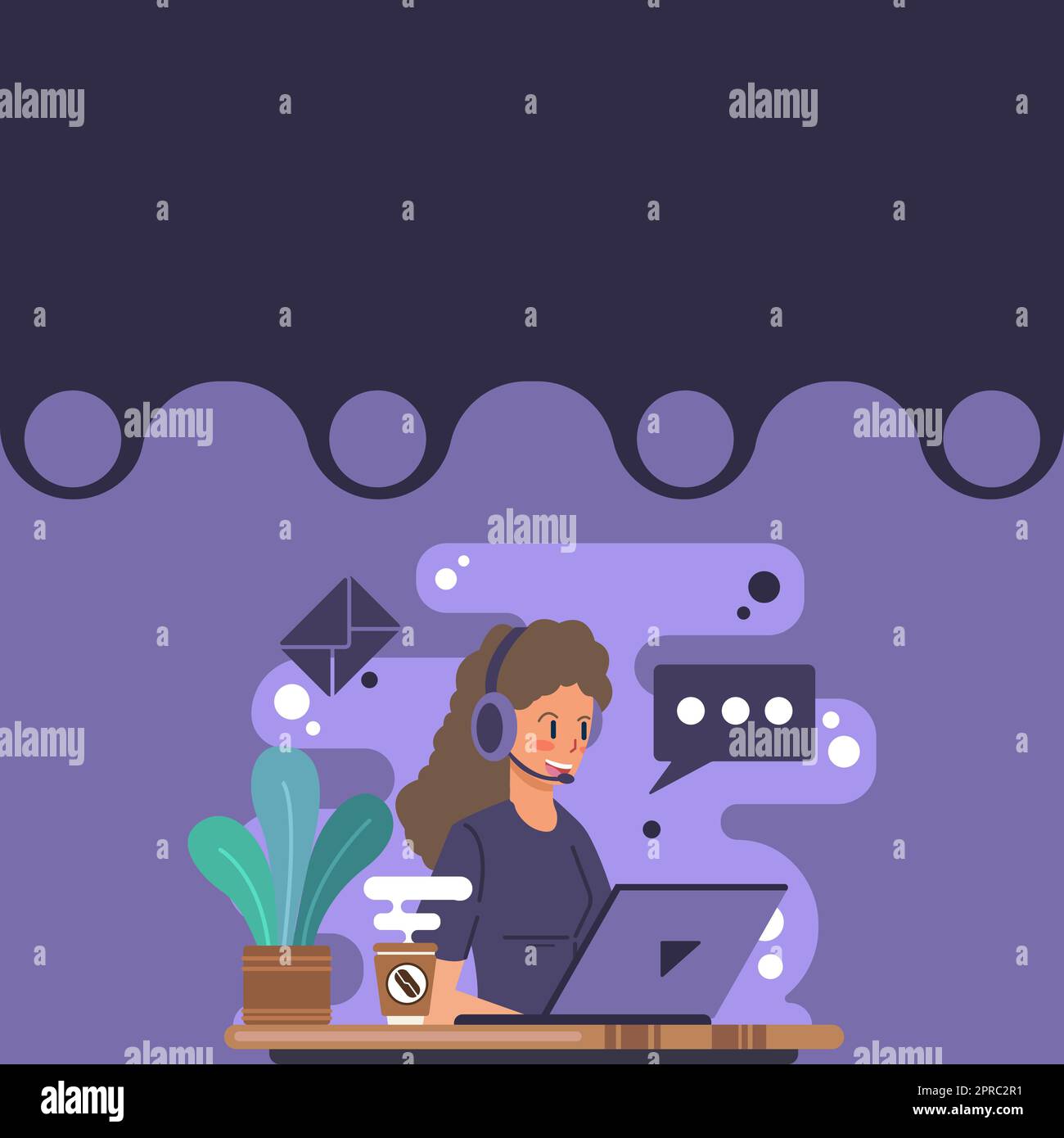 Lady Call Center Illustration With Headphones And Computer Speech ...