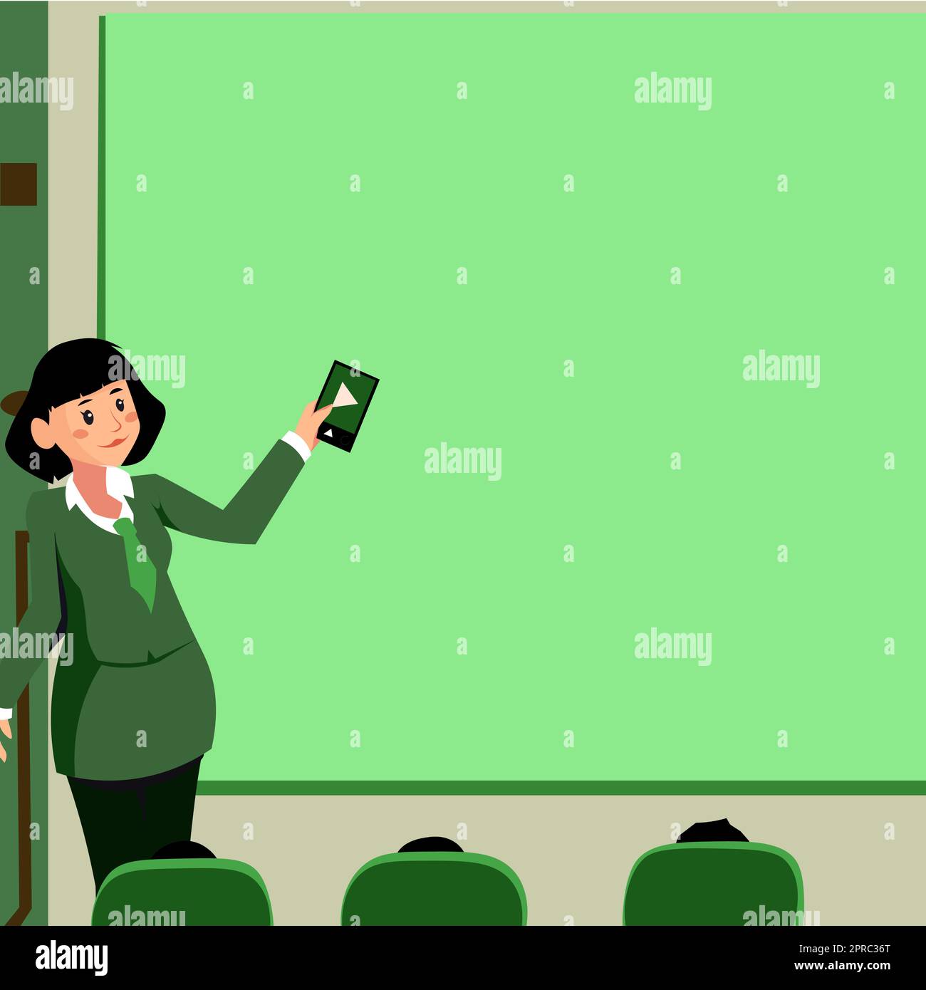 Woman Holding Remote Control Presenting Latest Ideas On Backdrop Screen ...