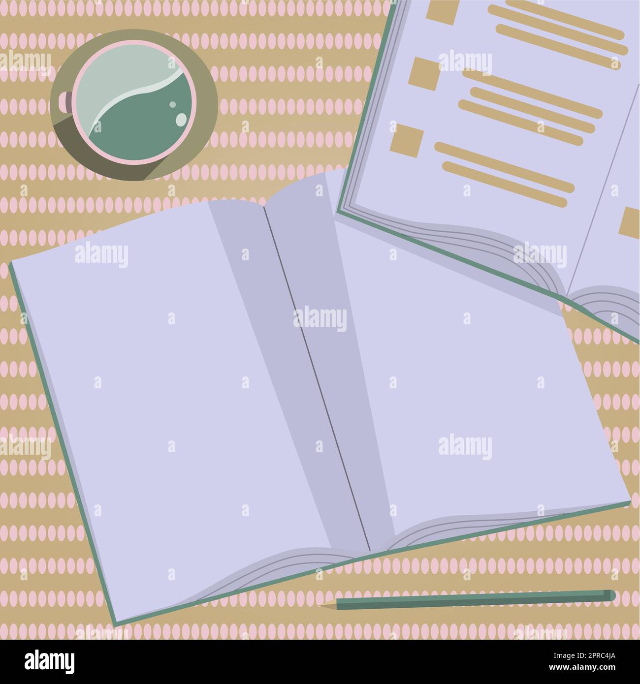 Two Open Work Books On A Table. Flat View Of Table With Notebooks, Pencil And Cup Of Coffee ...