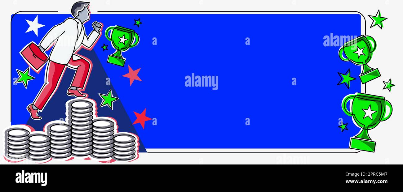 Businessman in suit climbing upwards money pile representing project ...