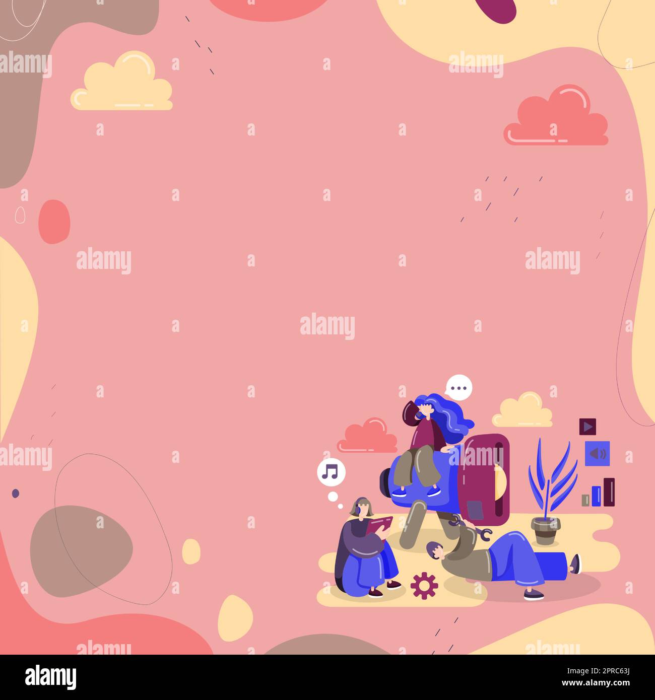 Illustration Group Relaxing Listening Music Fixing Megaphone. Three ...