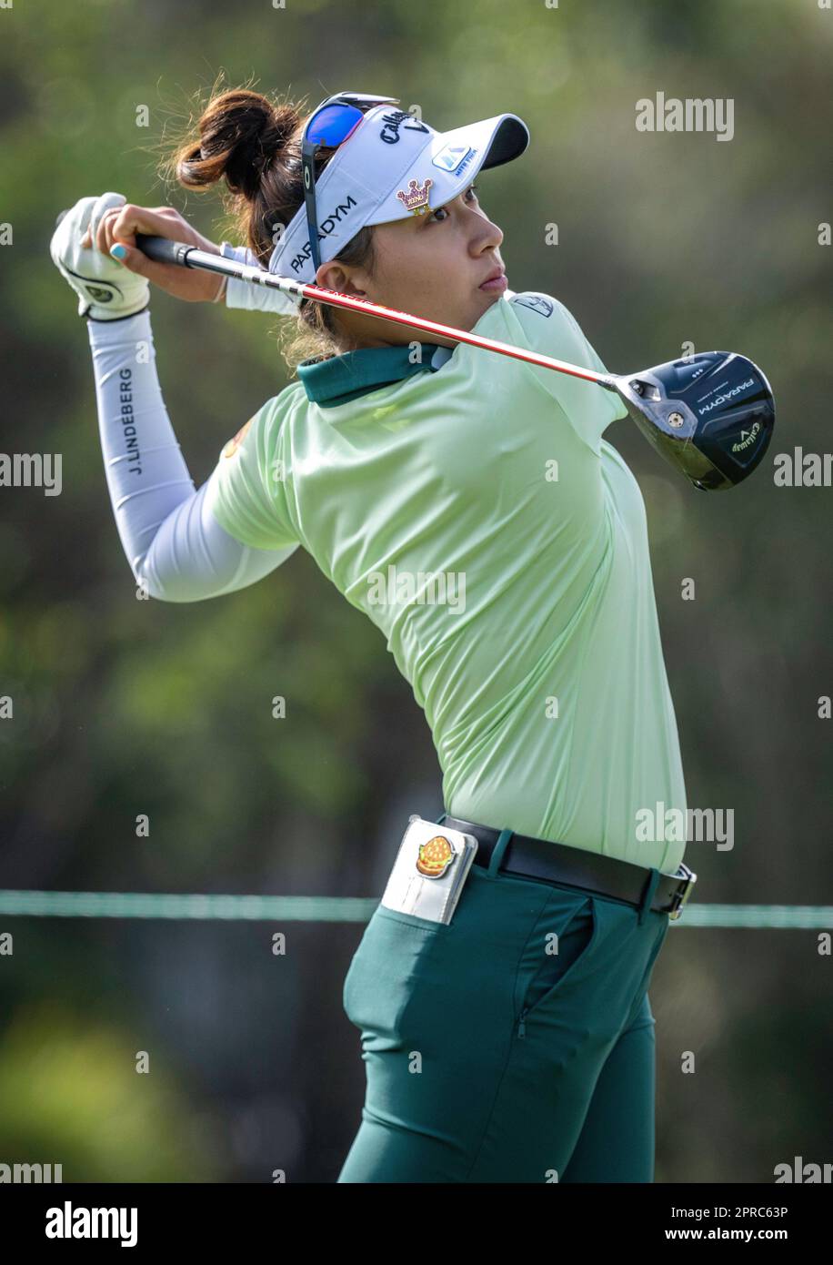 Los Angeles, California, USA. 26th Apr, 2023. LPGA player Atthaya Thitikul tees off at the ...