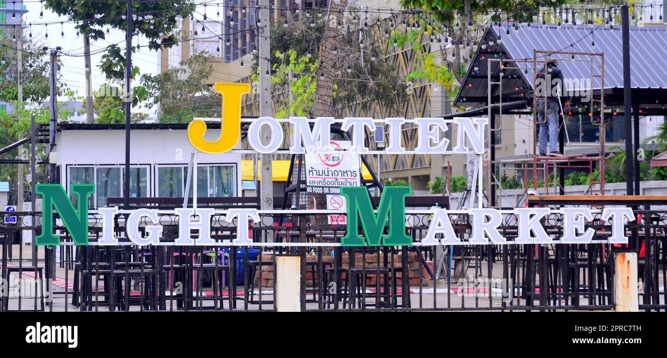 Sign at the Jomtien Night Market on the coast road in Jomtien, Pattaya ...