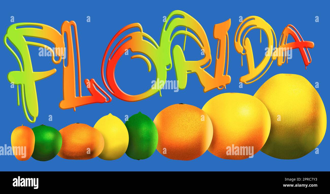 The word Florida is seen with eight popular citrus fruits in a 3D ...