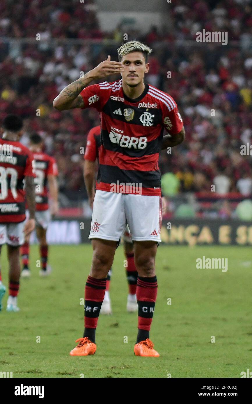 Rio de Janeiro, Brazil, 26th Apr, 2023. Pedro of Flamengo, celebrates ...