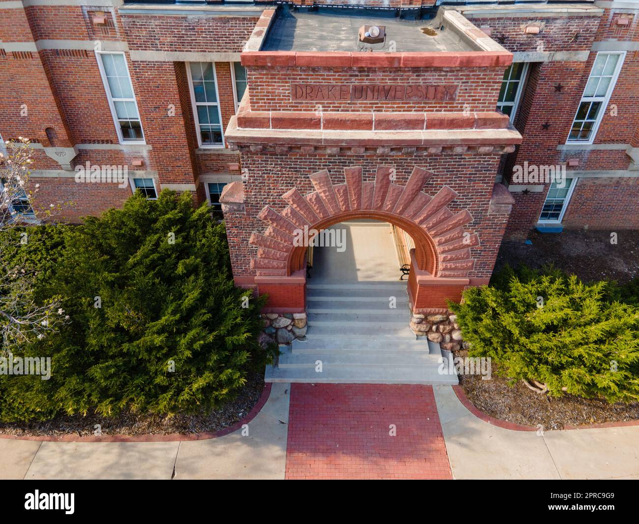 Old Main. Aerial photograph of Drake University on a beautiful spring ...