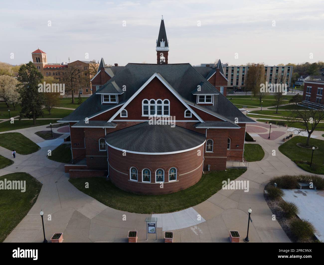 Old Main. Aerial photograph of Drake University on a beautiful spring ...