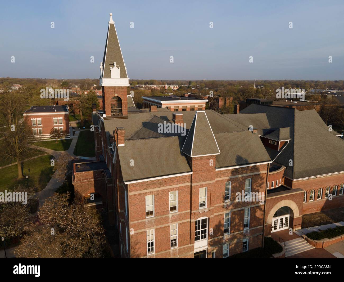 Old Main. Aerial photograph of Drake University on a beautiful spring ...