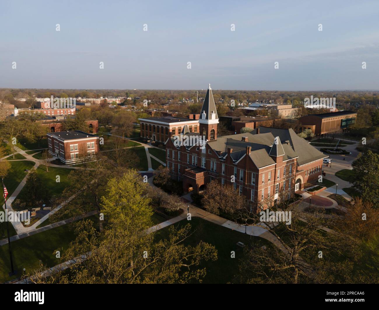 Old Main. Aerial photograph of Drake University on a beautiful spring ...