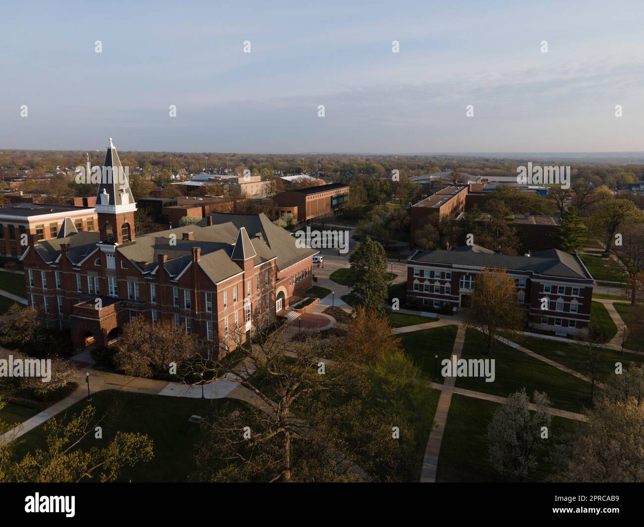 Old Main. Aerial photograph of Drake University on a beautiful spring ...