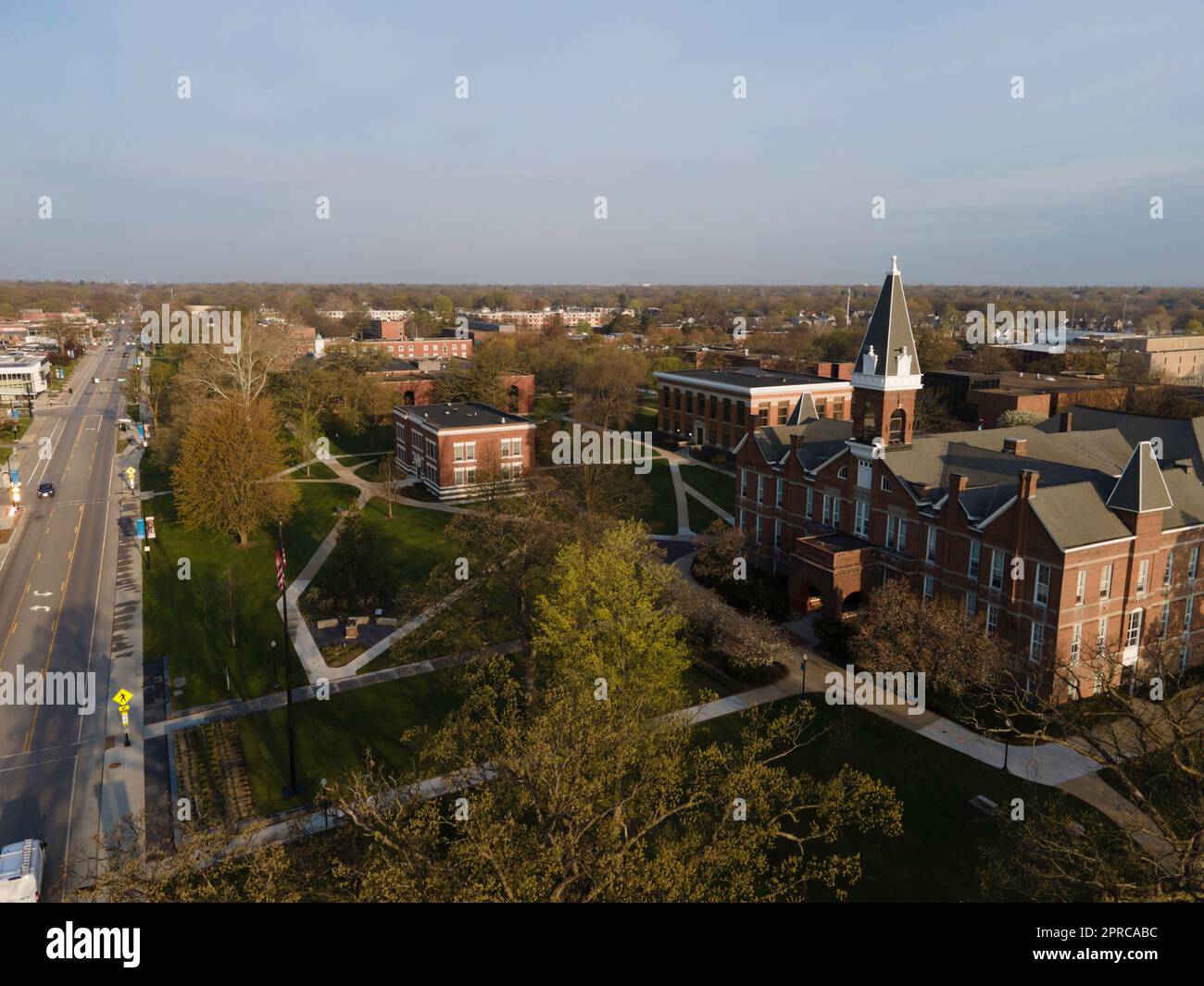 Old Main. Aerial photograph of Drake University on a beautiful spring ...