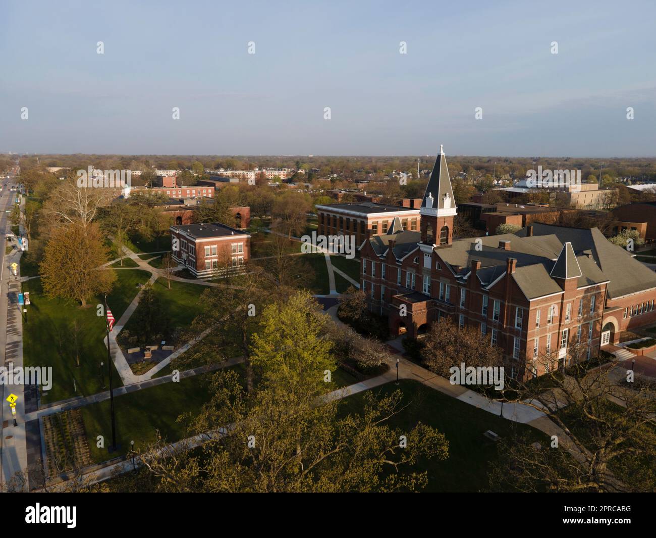 Old Main. Aerial photograph of Drake University on a beautiful spring ...
