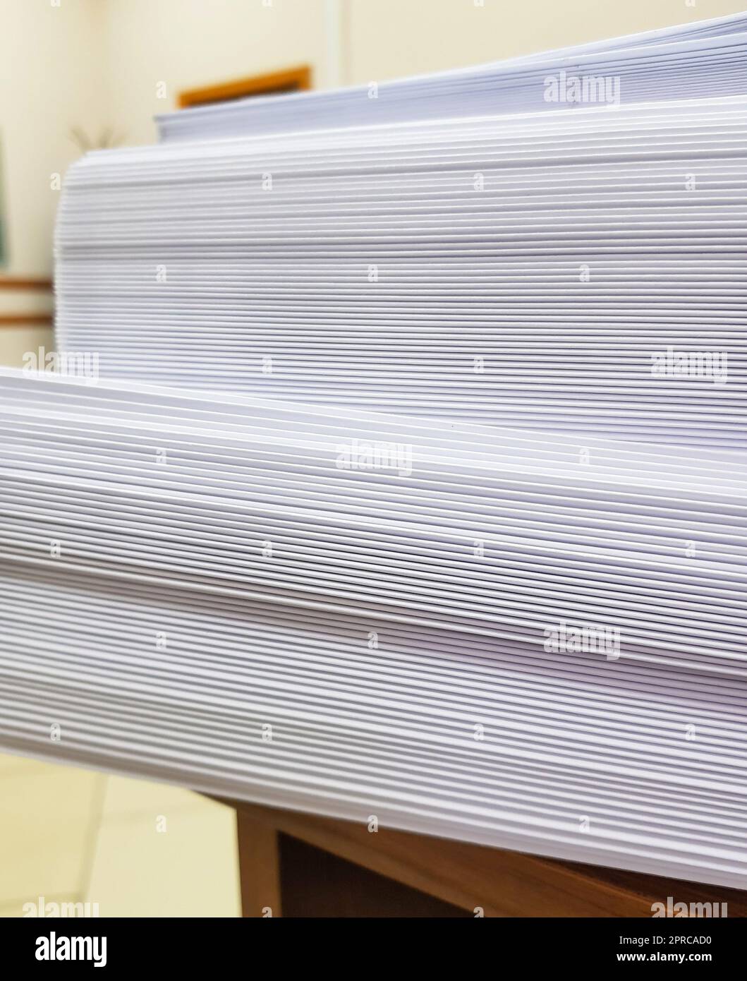 A stack of blank paper, book blocks prepared for binding in a printing ...