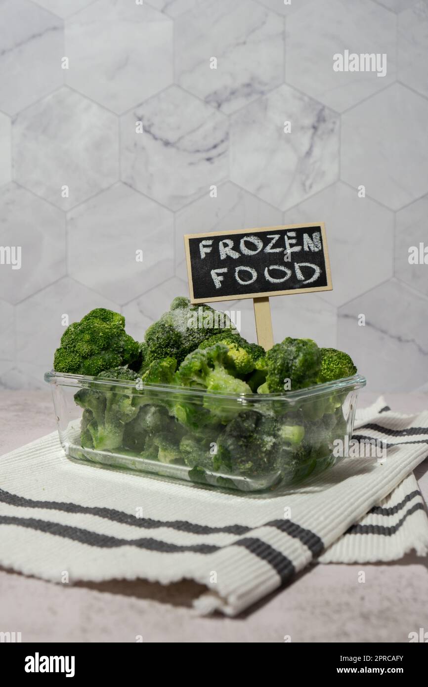 Frozen food broccoli florets with blackboard label and text FROZEN FOOD ...