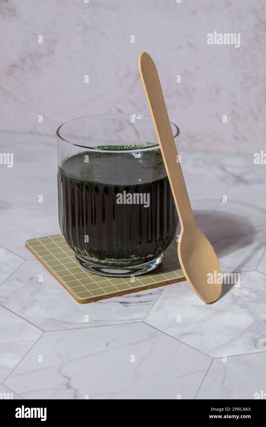 Blue-green algae Chlorella and spirulina powder drink. Super powder ...