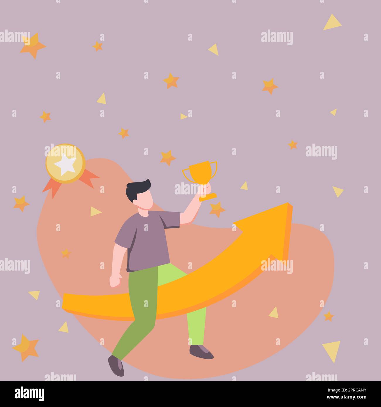 Man Drawing Holding Gold Cup Sitting On Arrow Showing Business Growth ...