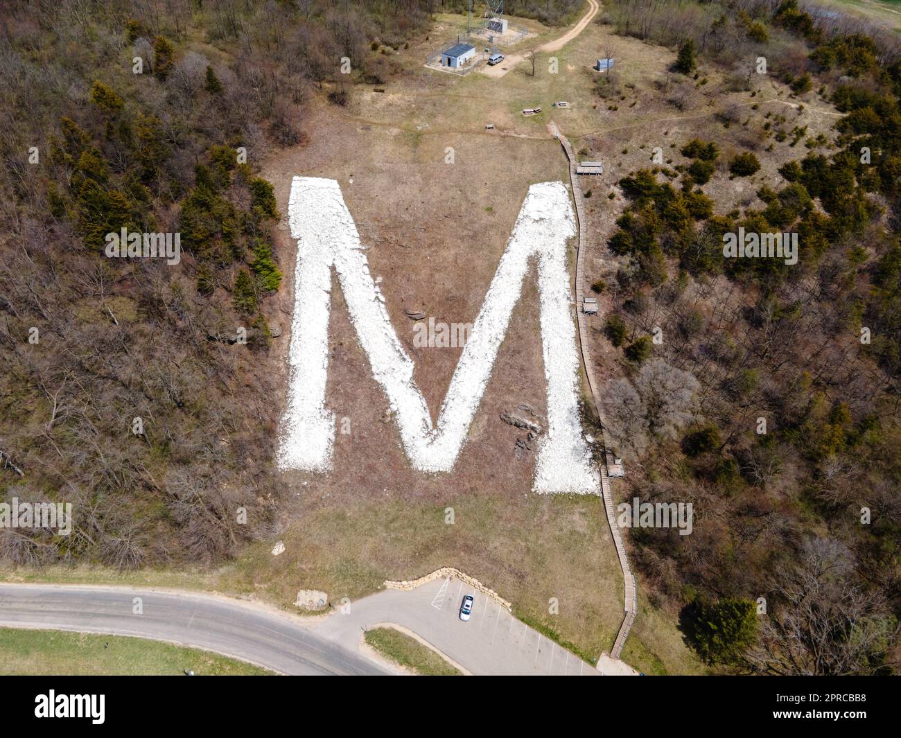 Aerial photograph of the Platteville Mound and its distinctive "M ...