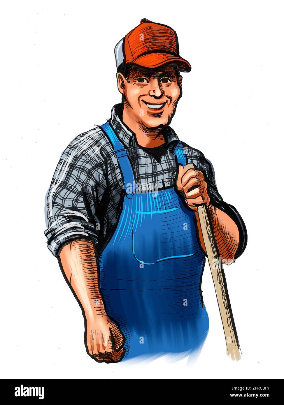 Happy farmer character. Hand drawn with ink on paper and digitally ...