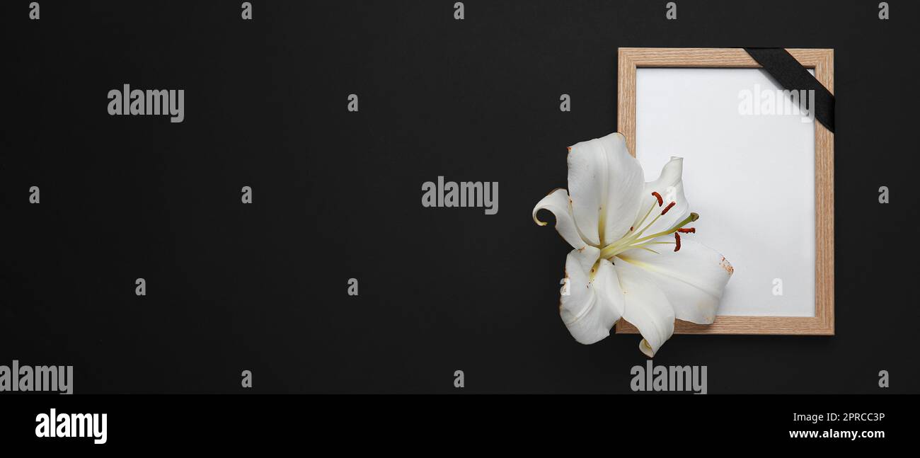 Photo frame with black funeral ribbon and lily flower on dark ...