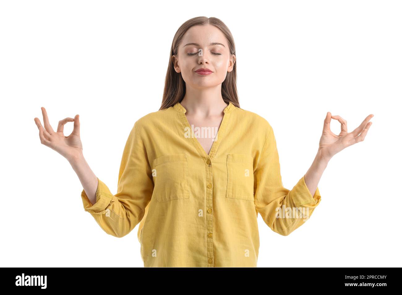 Young woman meditating on white background. Balance concept Stock Photo ...