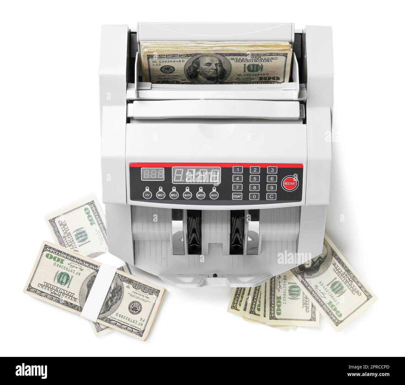 Modern cash counting machine with dollar banknotes on white background ...
