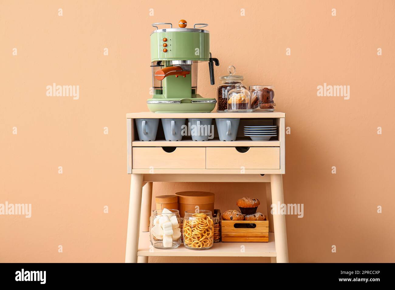 Table coffee machine snacks hi-res stock photography and images - Alamy