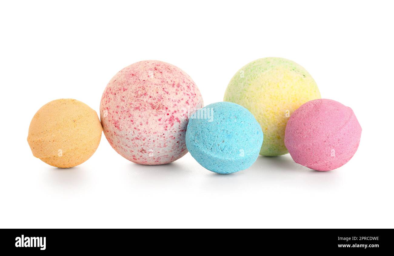 Colorful bath bombs on white background Stock Photo - Alamy