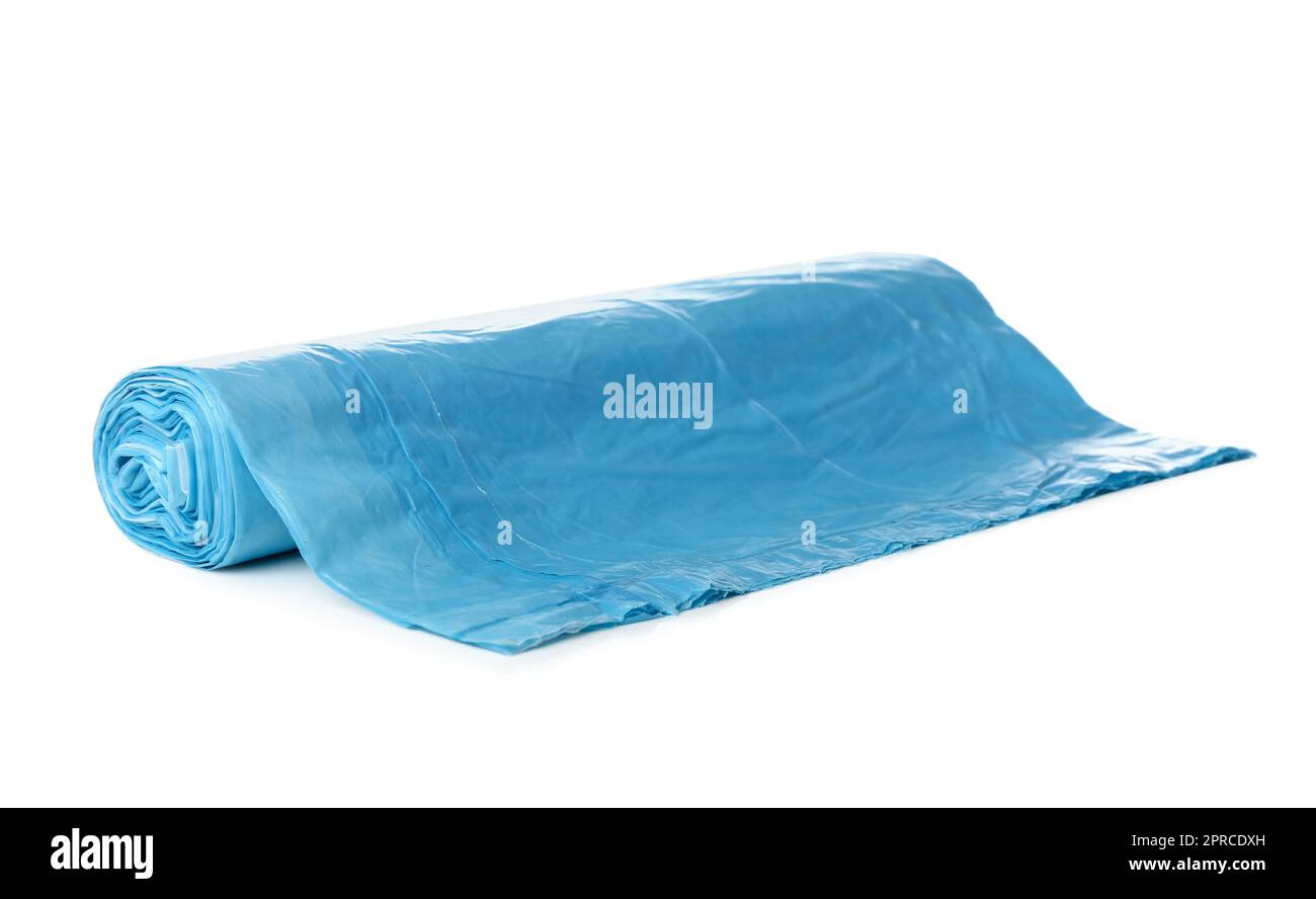 Blue roll of garbage bags on white background Stock Photo - Alamy