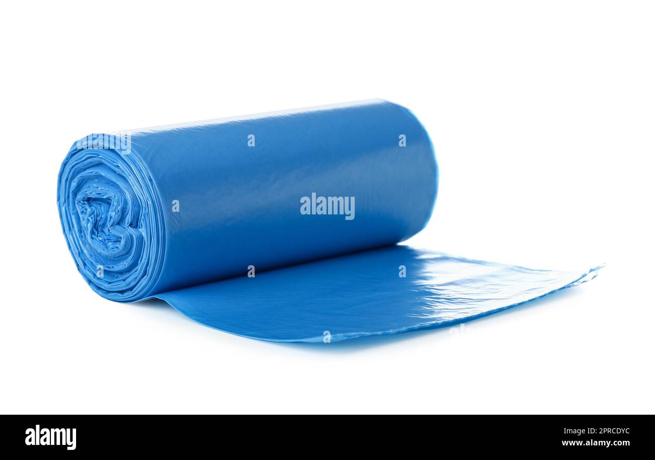 Blue roll of garbage bags on white background Stock Photo - Alamy