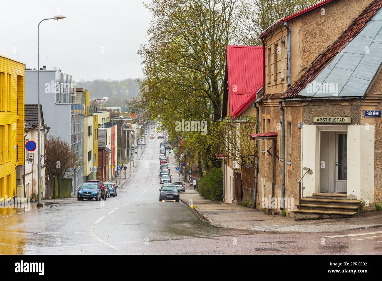 Puiestee and Raatuse street corner in drizzly weather in Tartu Estonia ...