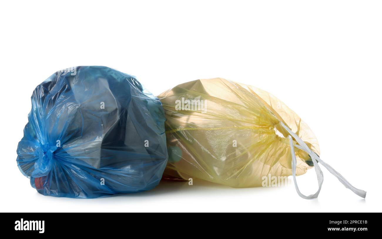 Garbage bags with different trash isolated on white background Stock ...
