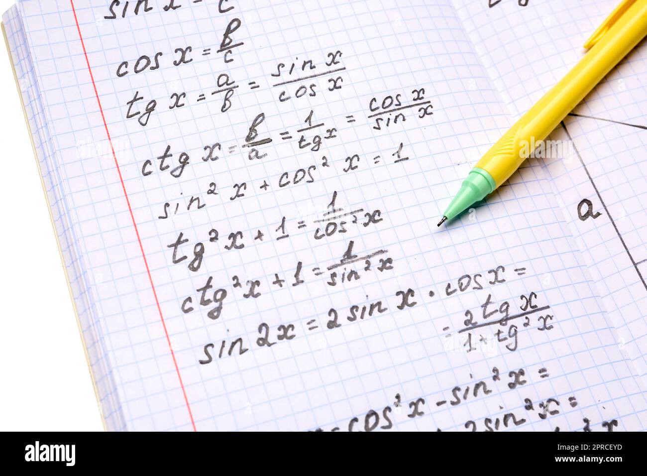 Copybook with maths formulas and pen isolated on white background Stock ...