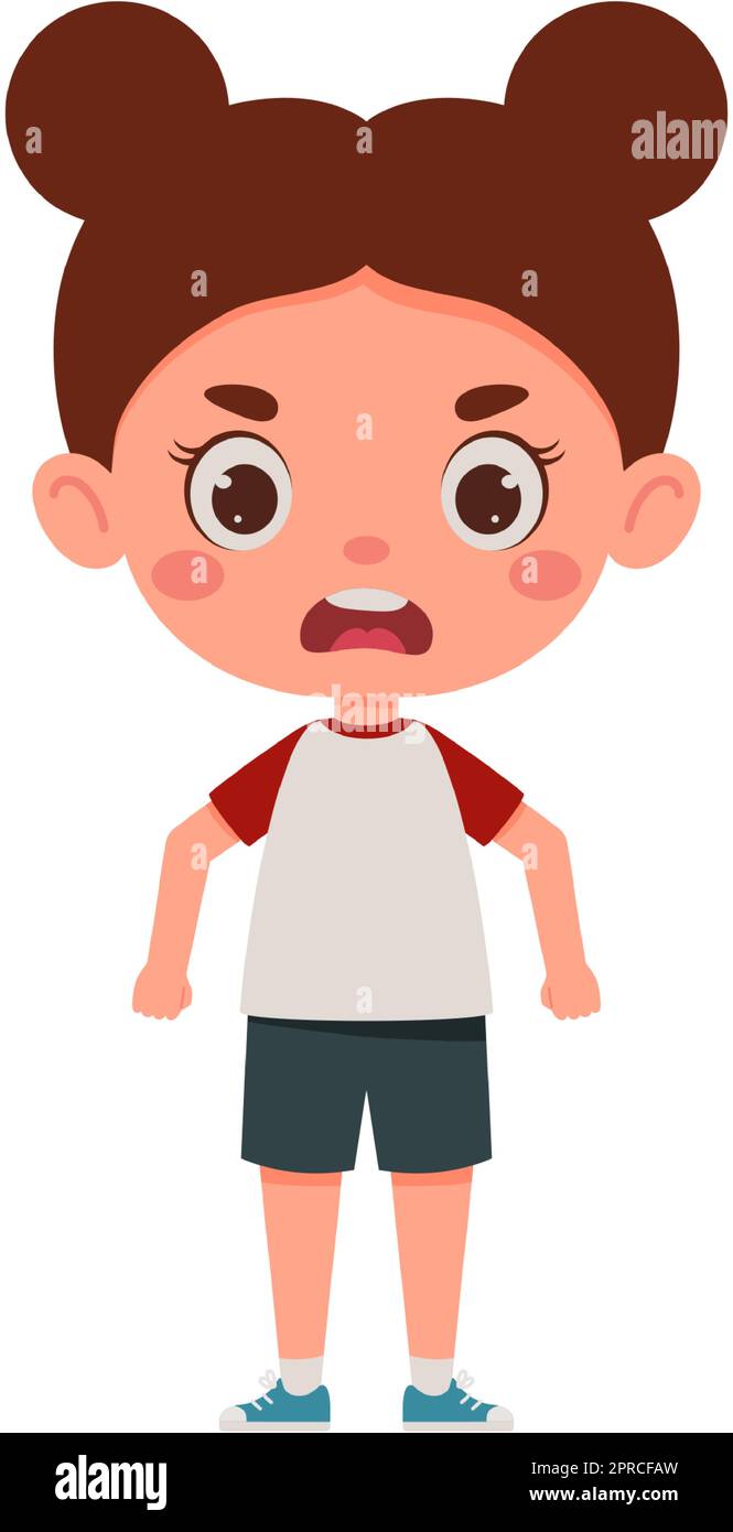 Cute cartoon little angry girl. Little schoolgirl character. Vector ...