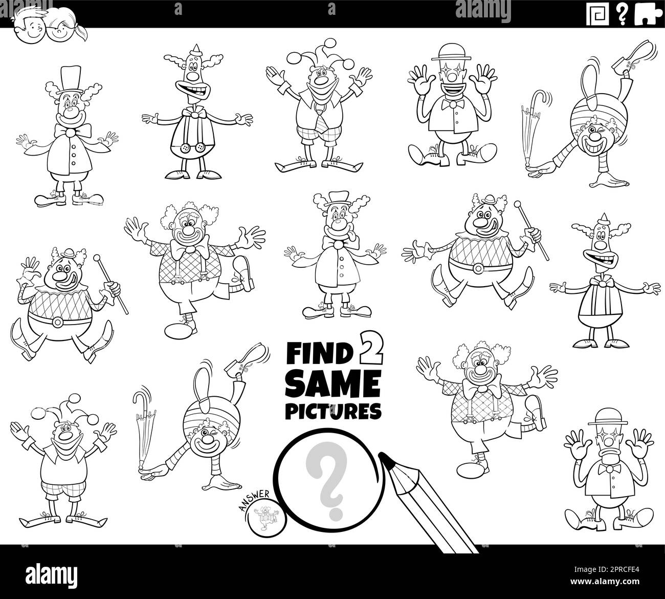find two same cartoon clowns task coloring page Stock Vector Image ...